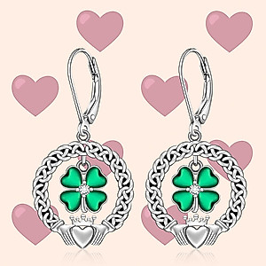 St Patricks Day Shamrock Earrings for Women Sterling Silver Four Leaf Clover Earrings Celtic Claddagh Irish Shamrock Dangle Green Lucky Jewelry Valentine Gifts