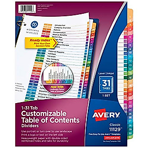 Avery 31-Tab Dividers for a 3 Ring Binders, Customizable Table of Contents, Multicolor Tabs, 1 Set (11129)
