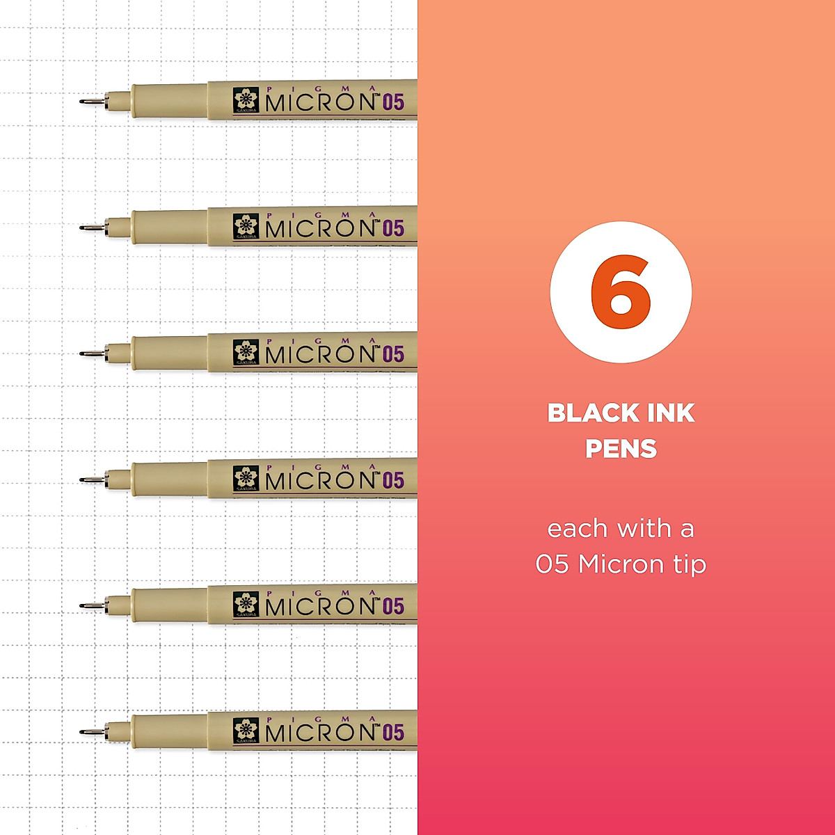 SAKURA Pigma Micron Fineliner Pens - Archival Black Ink Pens - Pens for Writing, Drawing, or Journaling - Black Ink - 05 Point Size - 6 Pack