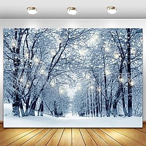 Qian Winter Wonderland Scene Photography Backdrop 7x5FT Snowflake Bokeh Tree Landscape Snowy Forest Photo Background for Family Christmas Party Photoshoot Decorations