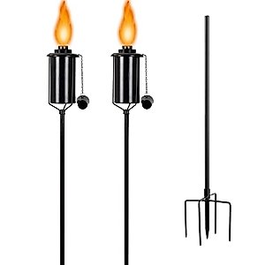 TaoTazon 2 Packs Metal Garden Torches for Outside, 16oz Outdoor Metal Torch, Citronella Torches Lighting with 4-Prong Grounded Stake for Garden Patio Pathway