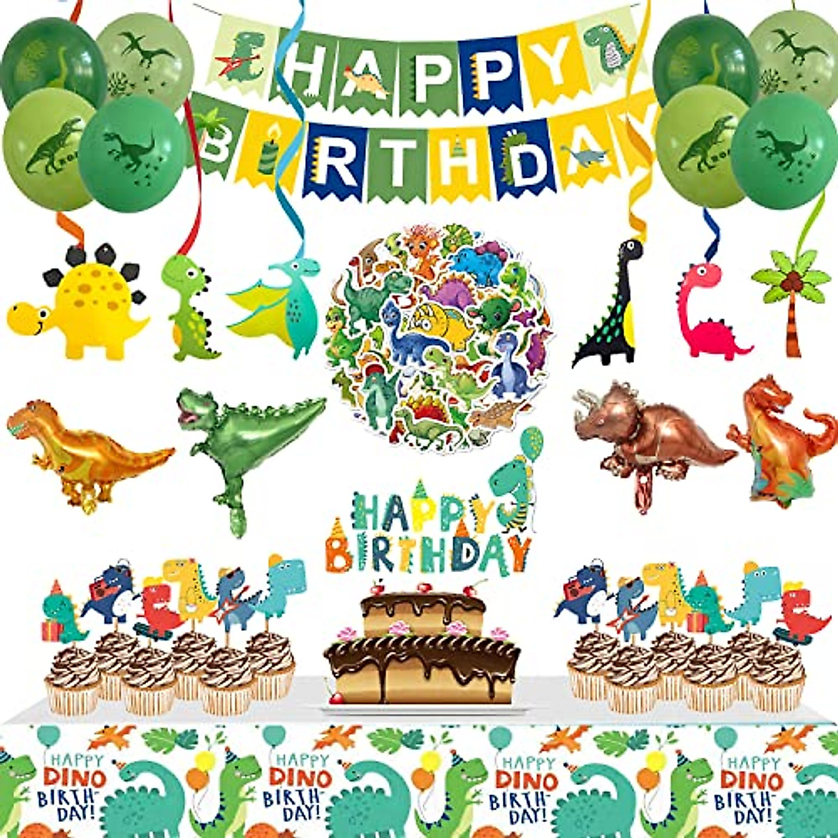 YBST Dinosaur Birthday Party Supplies, 104 Pcs Supplies Set for Boys and Girls, Include Balloons, Banner, Tablecloth, Stickers, Hanging Swirls, Aluminum Film Cake Topper Cupcake Toppers