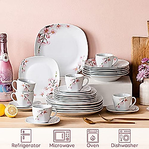 VEWEET, Series Annie, 30-Piece Porcelain Dinnerware Set with Pink Floral Pattern, White Plates and Bowls Sets including Dinner Plates, Dessert Plates, Soup Plates Set, Cups & Saucers, Dishes Set for 6