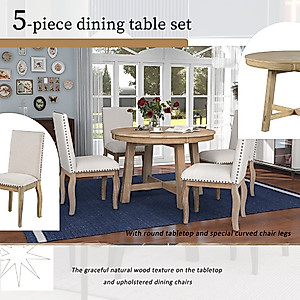 Merax 5-Piece Farmhouse Wooden Round Extendable Dining Table Set with 4 Upholstered Chairs, Family Kitchen Furniture, Natural Wood Wash_5Pcs