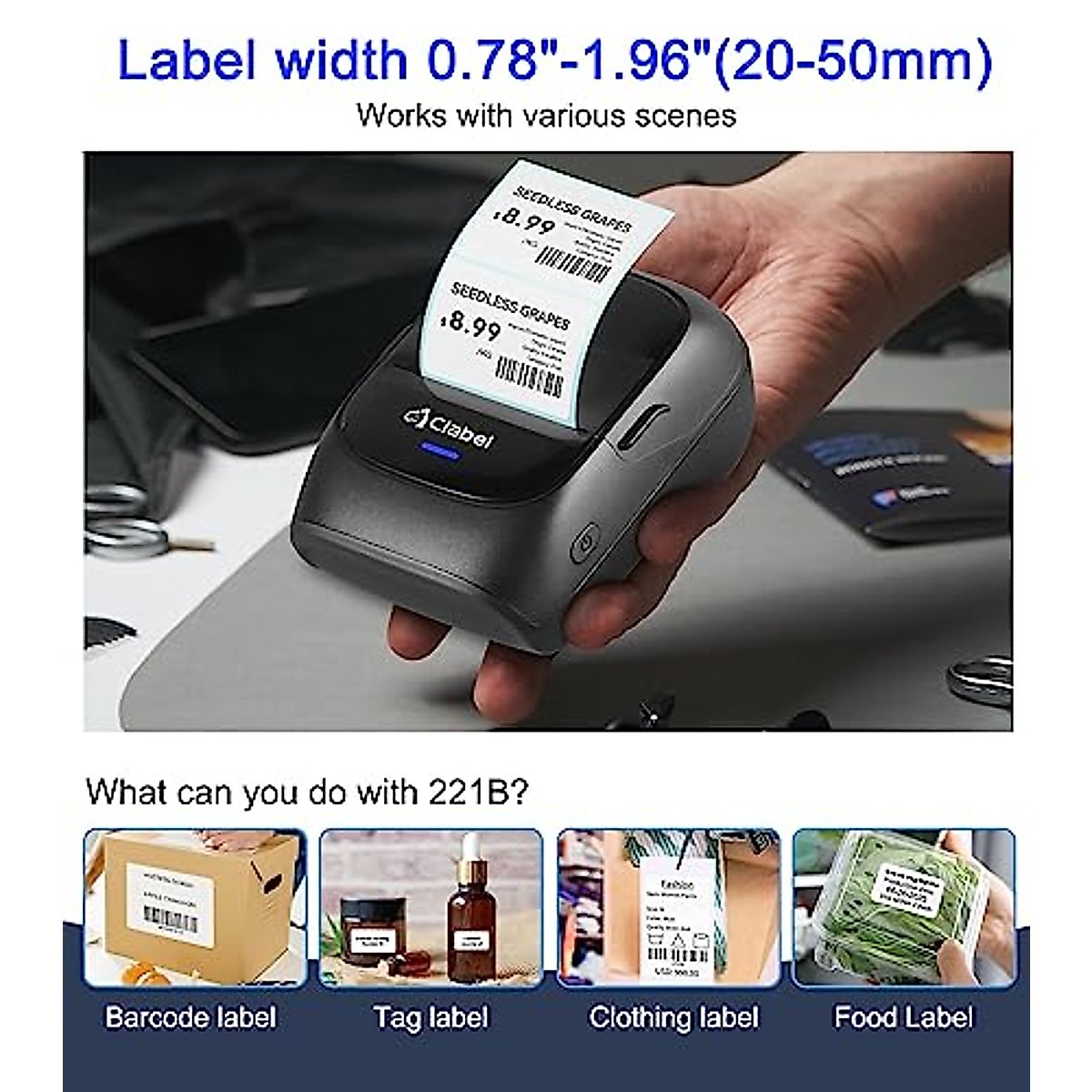 CLABEL Barcode Label Printer, 221B Bluetooth Thermal Label Maker Printer for Addresses, Business, Clothing, Labeling, Mailing, Compatible with Android & iOS System, with 1 Roll Label