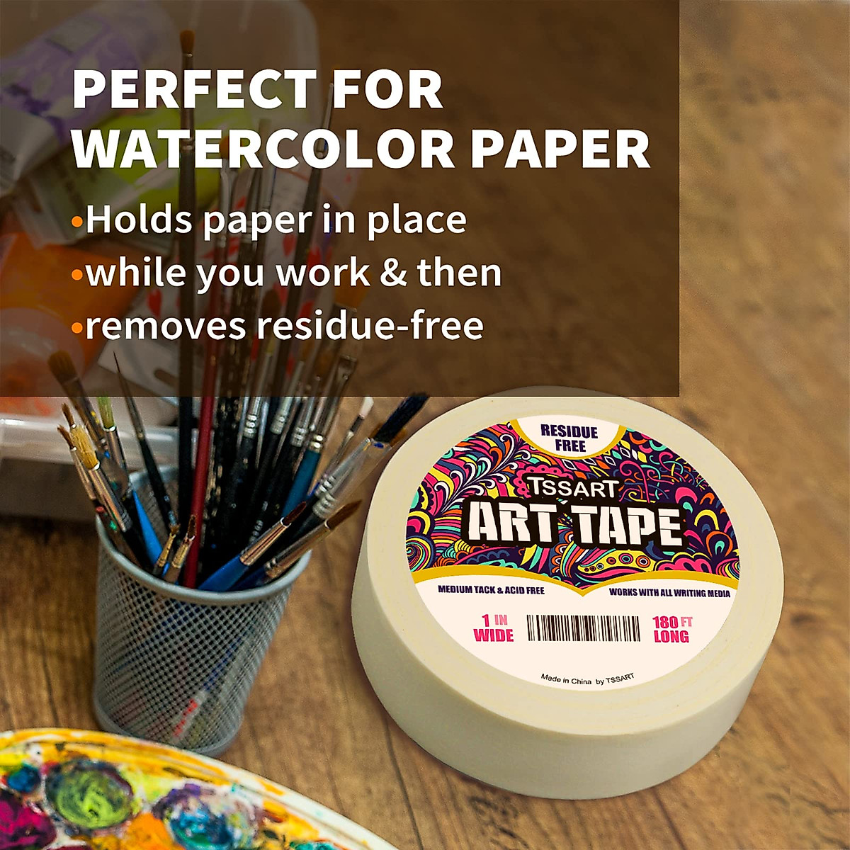 TSSART White Art Tape Medium Tack - Masking Artists Tape for Drafting Art Watercolor Painting Canvas Framing - Acid Free 1inch Wide 180FT Long