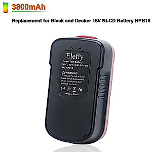 ELEFLY 2 Pack 18V 3.8Ah Ni-CD HPB18 Battery Replacement for Black and Decker 18V Battery HPB18 HPB18-OPE 244760-00 FS18FL FSB18, Compatible with Black & Decker 18 Volt Cordless Power Tools