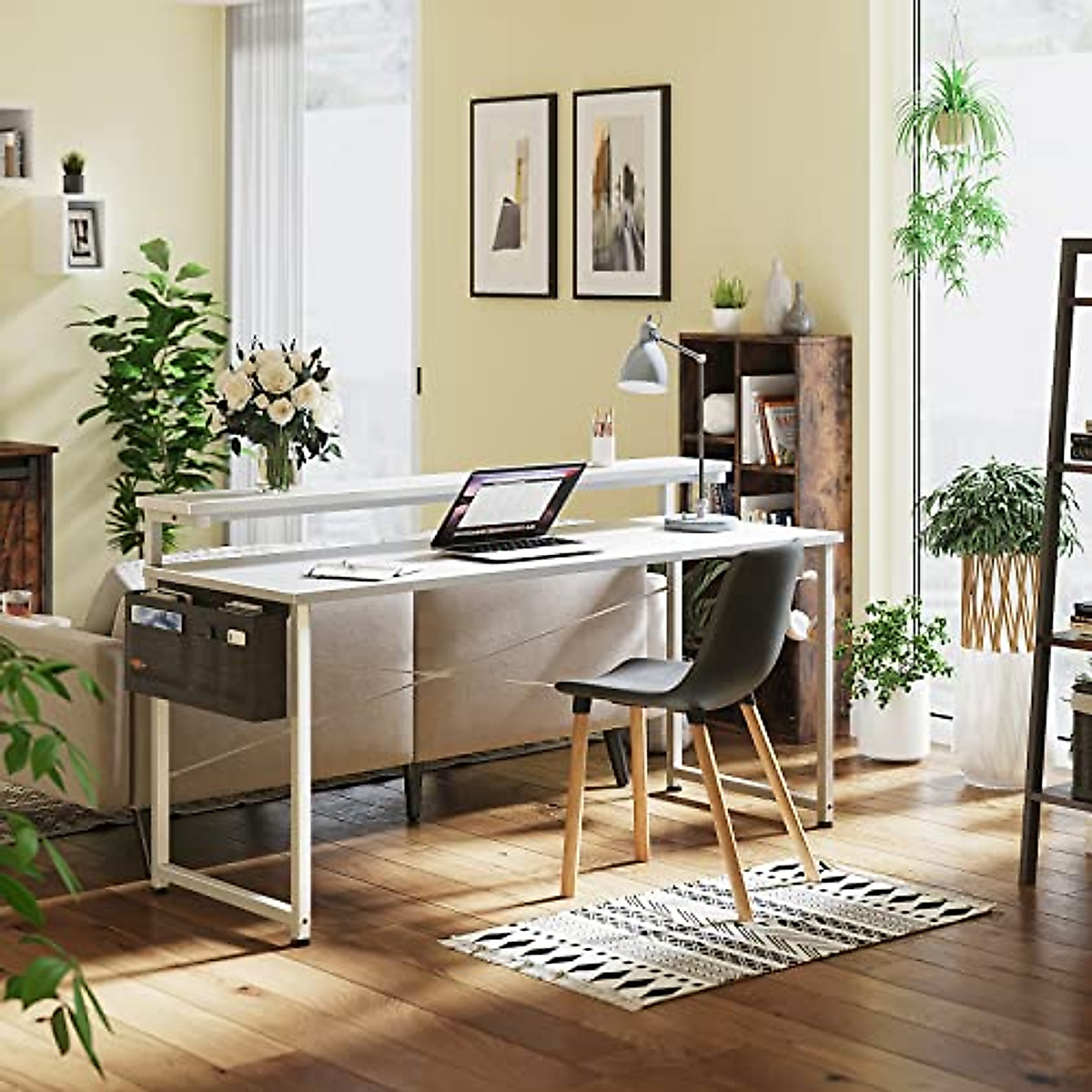ODK Computer Desk with Adjustable Monitor Shelves, 63 inch Home Office Desk with Monitor Stand, Writing Desk, Study Workstation with 3 Heights (10cm, 13cm, 16cm), White + White Leg