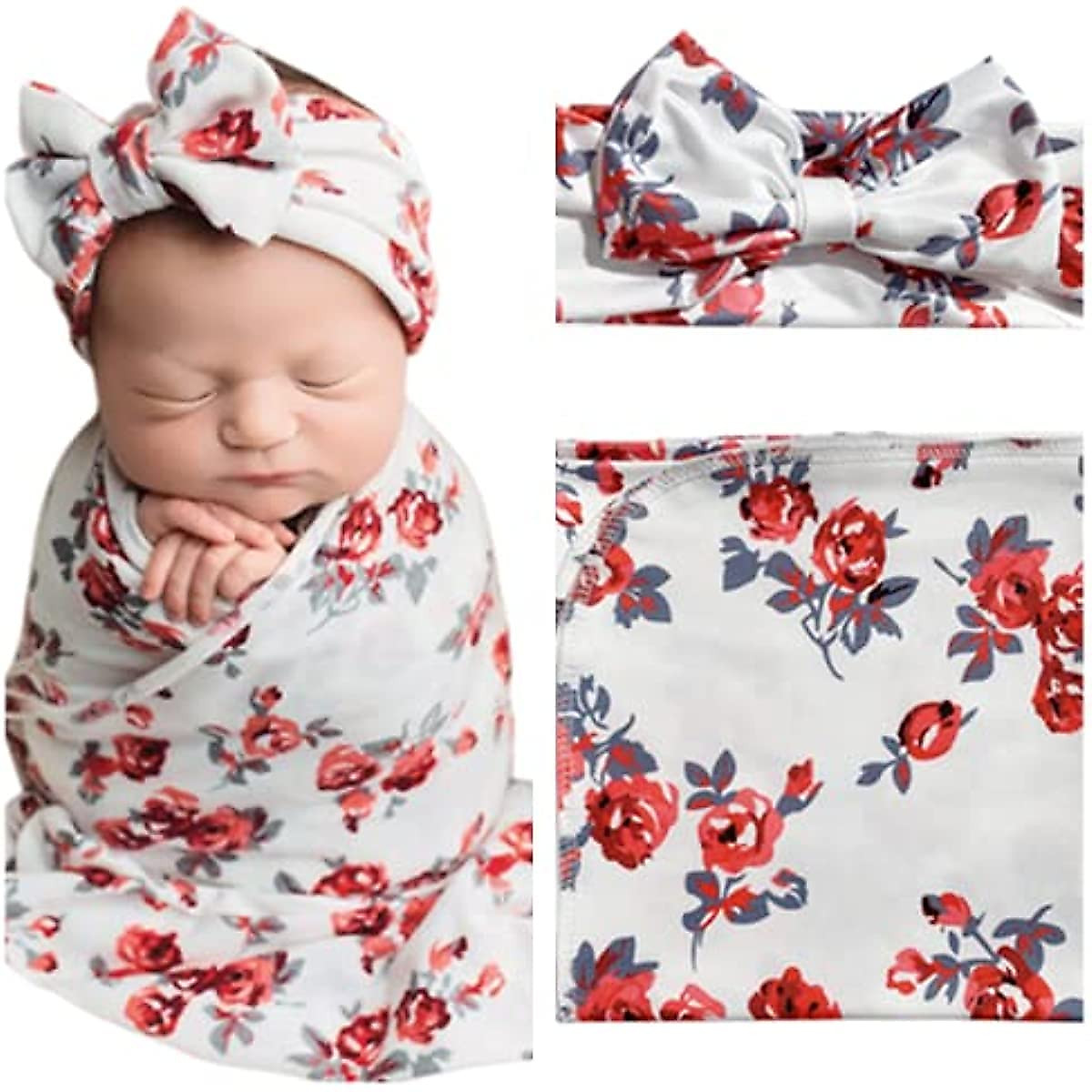 UDERUI Newborn Swaddle Blanket, Baby Receiving Blanket Wrap with Headband for 0-3 Month Baby Girl and Boy, One Size (Red Floral)