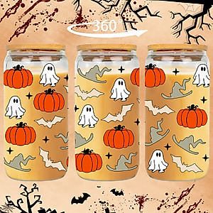 Halloween Cups - Halloween Gifts for Women - 16oz Ghost Bat Pumpkin Coffee Mug - Fall Tumbler with Lid and Straw - Spooky Drinking Glass for Her - Goth Halloween Party Favors