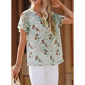 Dokotoo Womens Boho Tops and BlousesV Neck Floral Cap Sleeve Ladies Flowy Ruffle Summer Shirts Medium Green