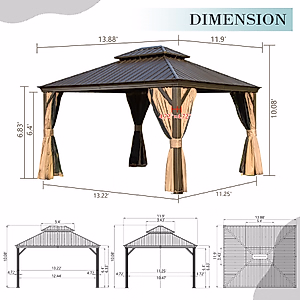 Domi 12'x14' Hardtop Gazebo with Gutters, Outdoor Aluminum Frame Canopy with Galvanized Steel Double Roof, Outdoor Permanent Metal Pavilion with Curtains and Netting for Patio, Backyard and Lawn