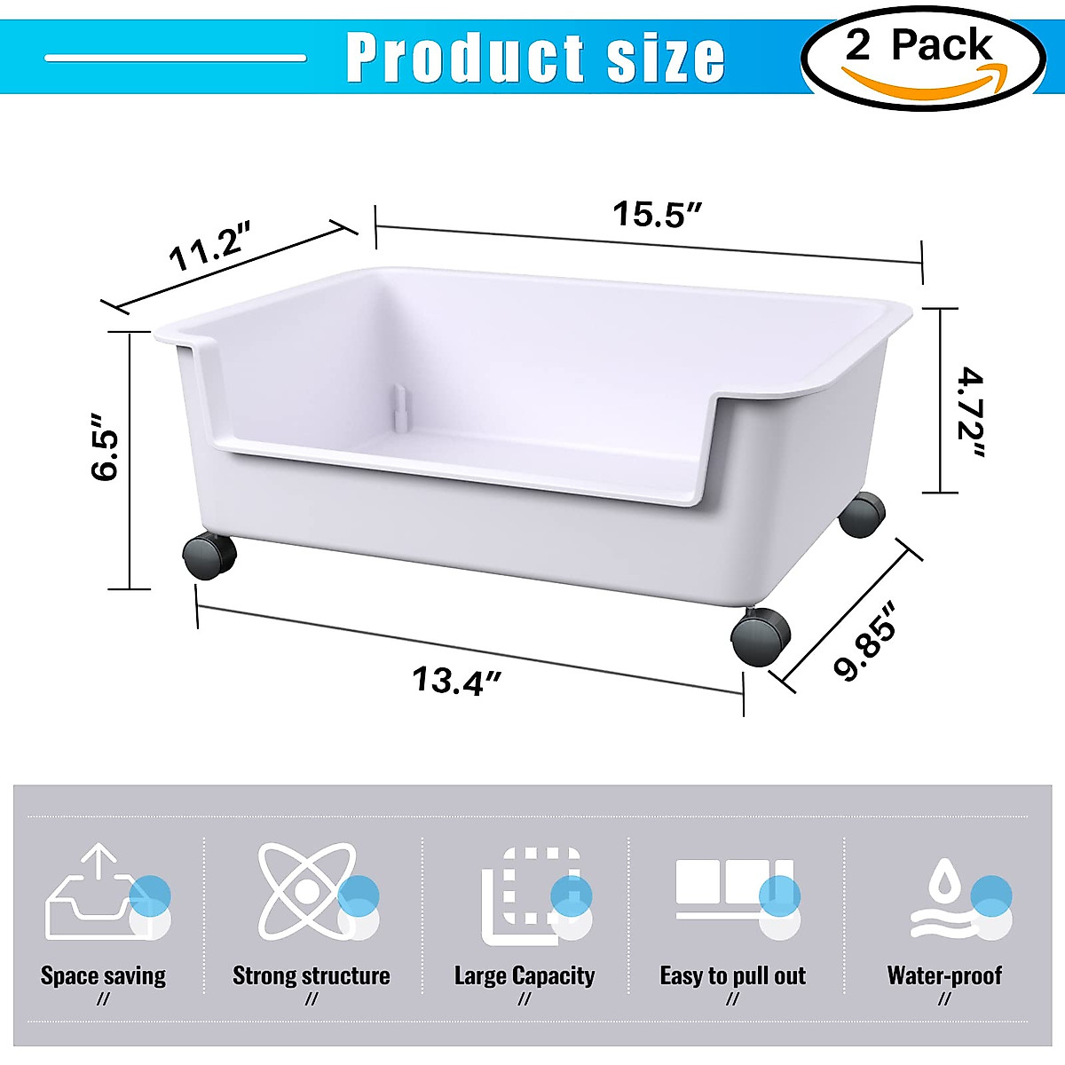 caktraie 2 Pack Under Bed Storage, Under Bed Toy Storage with Wheels, Multi-Purpose Under Bed Storage Carts for Bedroom, No Assembly Required Bedroom Storage Organizer for Toys, 15.5" L x 11.2" W