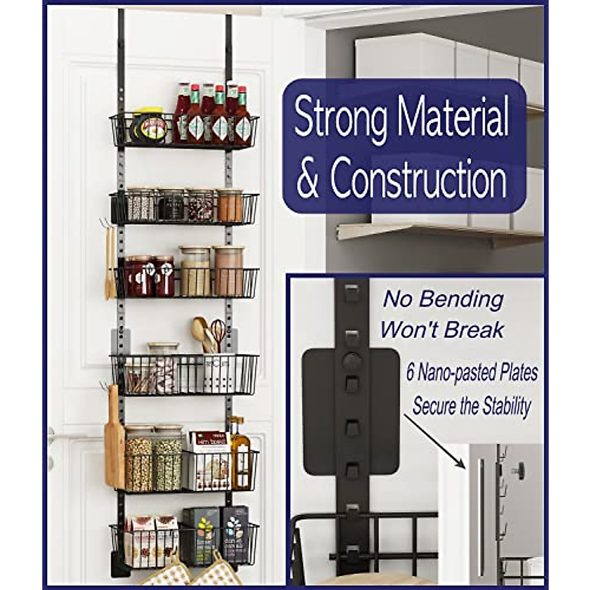 Olirum Over the Door Pantry Organizer, 6 Adjustable Baskets, Large Pantry Organization and Storage, Hanging or Wall Mounted Spice Rack for Kitchen Organization + Pantry Storage with Hooks & Dividers