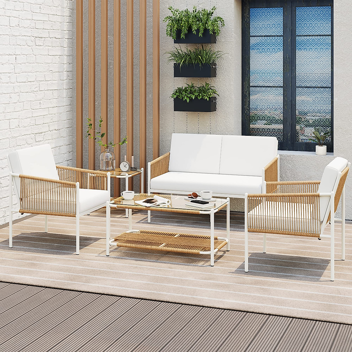 JAMFLY 5 Piece Patio Wicker Furniture Set, Outdoor Patio Furniture Rattan Conversation Set, All Weather Conversation Set for Backyard, Balcony, Deck with Soft Cushions and Glass Table