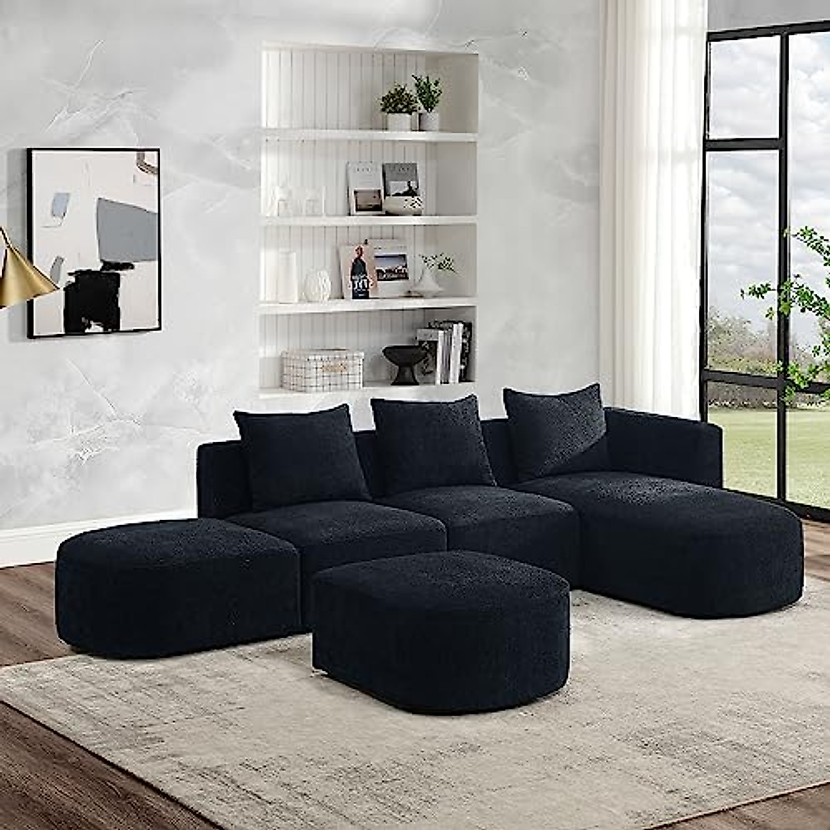 Free Combination Upholstered Reversible Modular Sectional Sofa,Rearrangeable L-Shaped Corner Cloud Deep Sofá with Right Side Chaise,Ottoman and Waist Pillows for Living Room Office Furniture Set