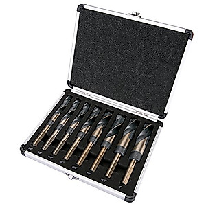 EFFICERE 8-Piece Premium 1/2” Reduced Shank Silver and Deming Large Drill Bit Set in Aluminum Carry Case, M2 High Speed Steel, 135-Degree Split Point | SAE Inch Size 9/16” - 1” by 1/16th Increment