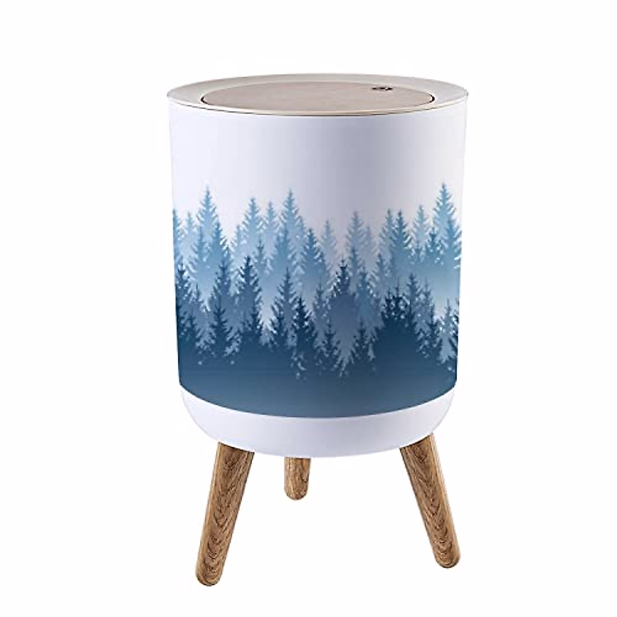 Small Trash Can with Lid for Bathroom Kitchen Office Diaper misty forest landscape detailed blue silhouettes coniferous trees Bedroom Garbage Trash Bin Dog Proof Waste Basket Cute Decorative