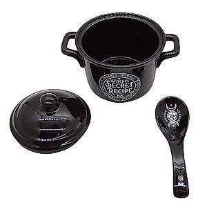 Alchemy Witches Secret Recipe Cauldron Lidded Bowl and Spoon Set, Gothic Kitchen Serveware, 4.75 Inches