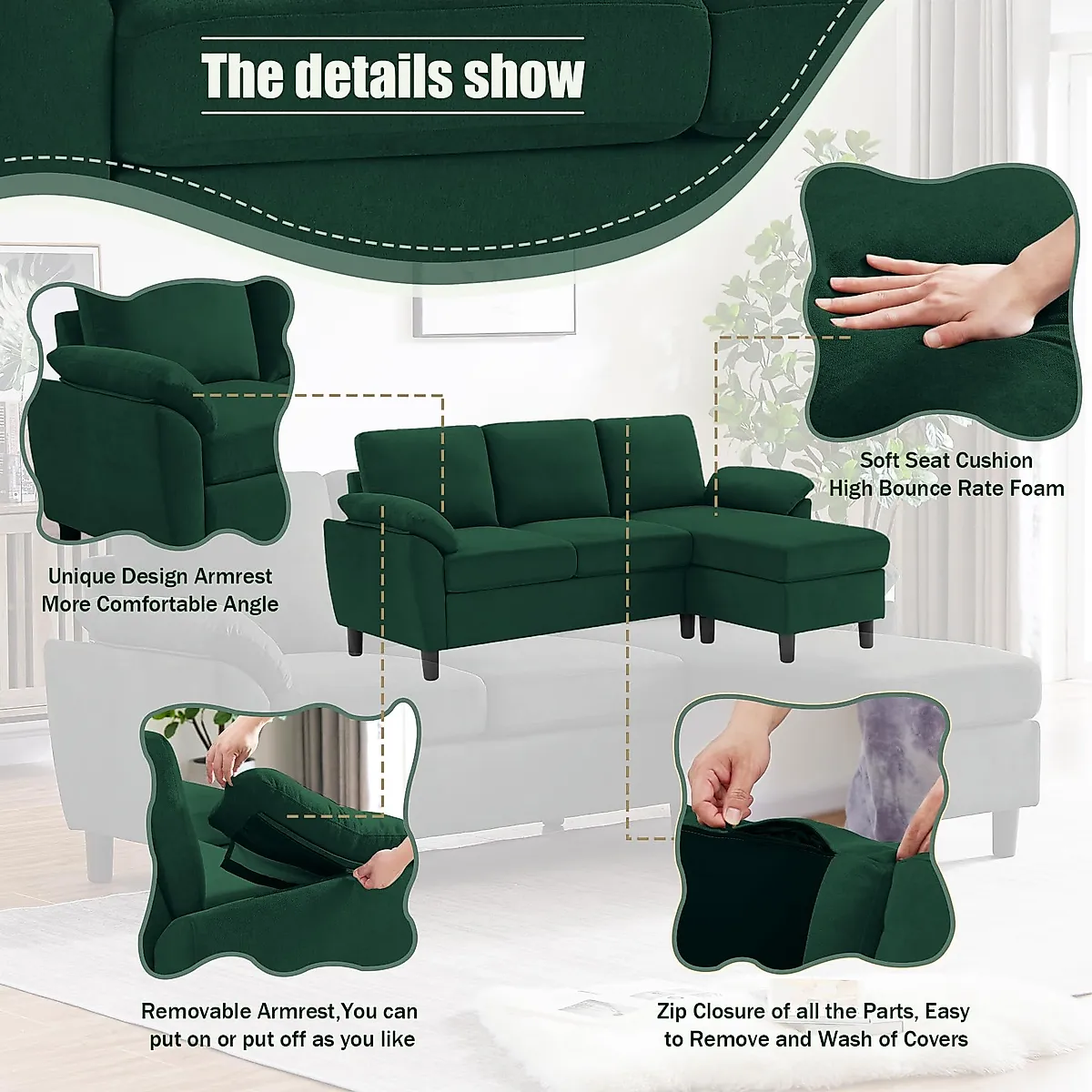 Tornama 79" Convertible Sectional Sofa, Small L Shaped 3 Seat Couch with Reversible Chaise, Modern Linen Fabric Sofa Couches for Living Room, Apartment and Small Space, Green