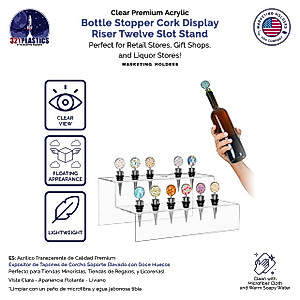Marketing Holders Wine Bottle Topper Liquor Pourer Display Stand 12 Slot Rack .75 Inch Wide Holes Clear Acrylic 2 Tier Riser 11.75 Inch Wide by 4.75 Inch Deep Retail Countertop Showcase