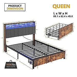 Meitewei Queen Bed Frame with Hidden Storage Headboard and 2 Drawers, LED Smart Bed Frame with Charging Station, Metal Platform Bed Frame Queen Size, No Box Spring Needed, Noise Free, Black