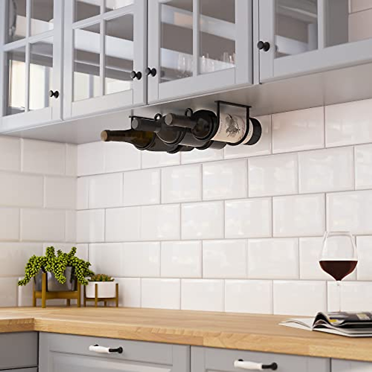 Wallniture Dijon Wine Rack Wall Mounted & Under Cabinet Wine Storage Racks Kitchen Organization and Storage 3 Wine Bottles, Steel Black