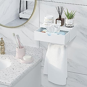 Domax White Toilet Paper Holder with Shelf - Wall Mount/Adhesive Bathroom Toilet Paper Holder Bamboo Wood Tissue Toilet Roll Holder with Storage Drawer for Organizer Wipes Fits Any Room, Large