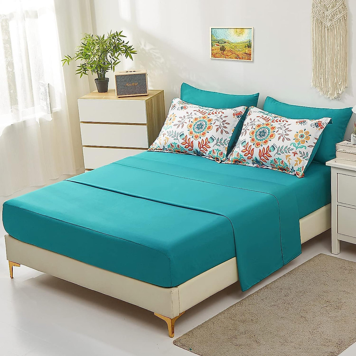 DHSFKBE Boho Comforter Set Twin - 5 Pieces Bed in a Bag Floral Medallions Design, Bohemian Comforter Set with Sheets, Soft Microfiber Complete Bedding Sets All Season (Teal Blue, Twin)