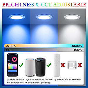 BANWEY Smart Recessed Lighting 6 Inch,WiFi Color Changing LED Recessed Lights,15W 1100 Lumen Smart Remote Downlight with Junction Box, Compatible with Alexa/Google Assistant/Siri (8PACK)