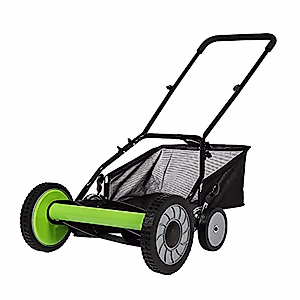 16-Inch 5-Blade Cordless Manual Reel Lawn Mower, Adjustable Cutting/Handle Height Grass Cutter with Grass Catcher, Green