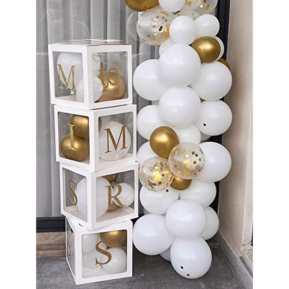 Fonder Mols 4PCS White Transparent Balloon Boxes with Gold Glittered MISS TO MRS Letters for Wedding Party Bridal Shower Engagement Decorations (No Balloons)