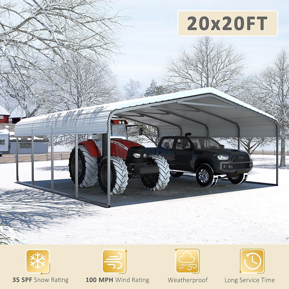 MUPATER Outdoor Carport, 20' x 20' Heavy Duty Canopy for Garage, Car Garage Shelter with Metal Roof and Frame for Car, White