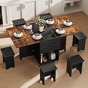 DWVO 7 Pieces Folding Extendable Dining Table Set with 6 Chairs for 6 Peoples 66.9" Drop Leaf Wood Kitchen Dining Room Table Set with 2 Storage Drawers & Wheel for Small Space Saving Rustic Brown