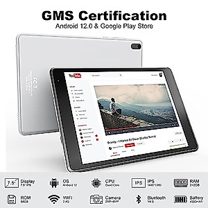 Android 12 Tablet 7.5 inch, Tablets Computer 64GB Storage 512GB Expandable, Quad-Core Processor, PS FHD 1440x1080 Resolution Display, Google GMS Certified Smart Tablet/WiFi (Silver)