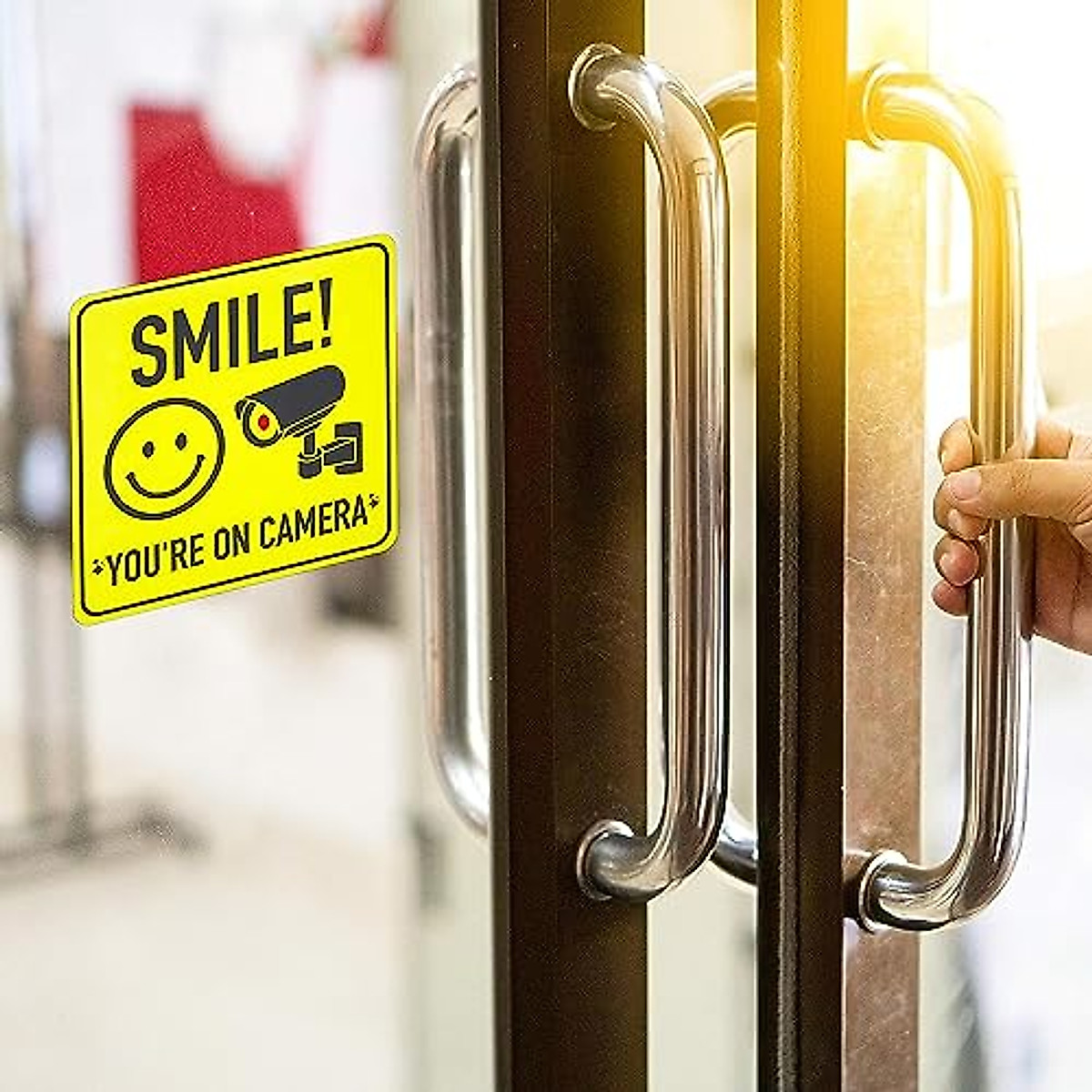ASSURED SIGNS Smile You're On Camera Signs Stickers - 7 X 7 Inch - 8 Pack - Polite Video Surveillance Security Sign to Prevent Trespassing on Your Private Property - Perfect for House, Business, Yard or Driveway