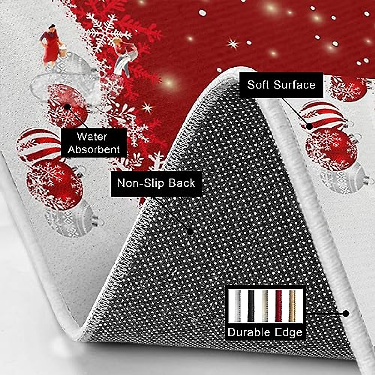 2 Pieces Kitchen Rugs and Mats Red Christmas Shiny Stars Xmas Balls,Non Slip Indoor Doormats Set,Washable Floor Carpet Area Runner for Laundry Sink Home Decor Winter Snowflakes