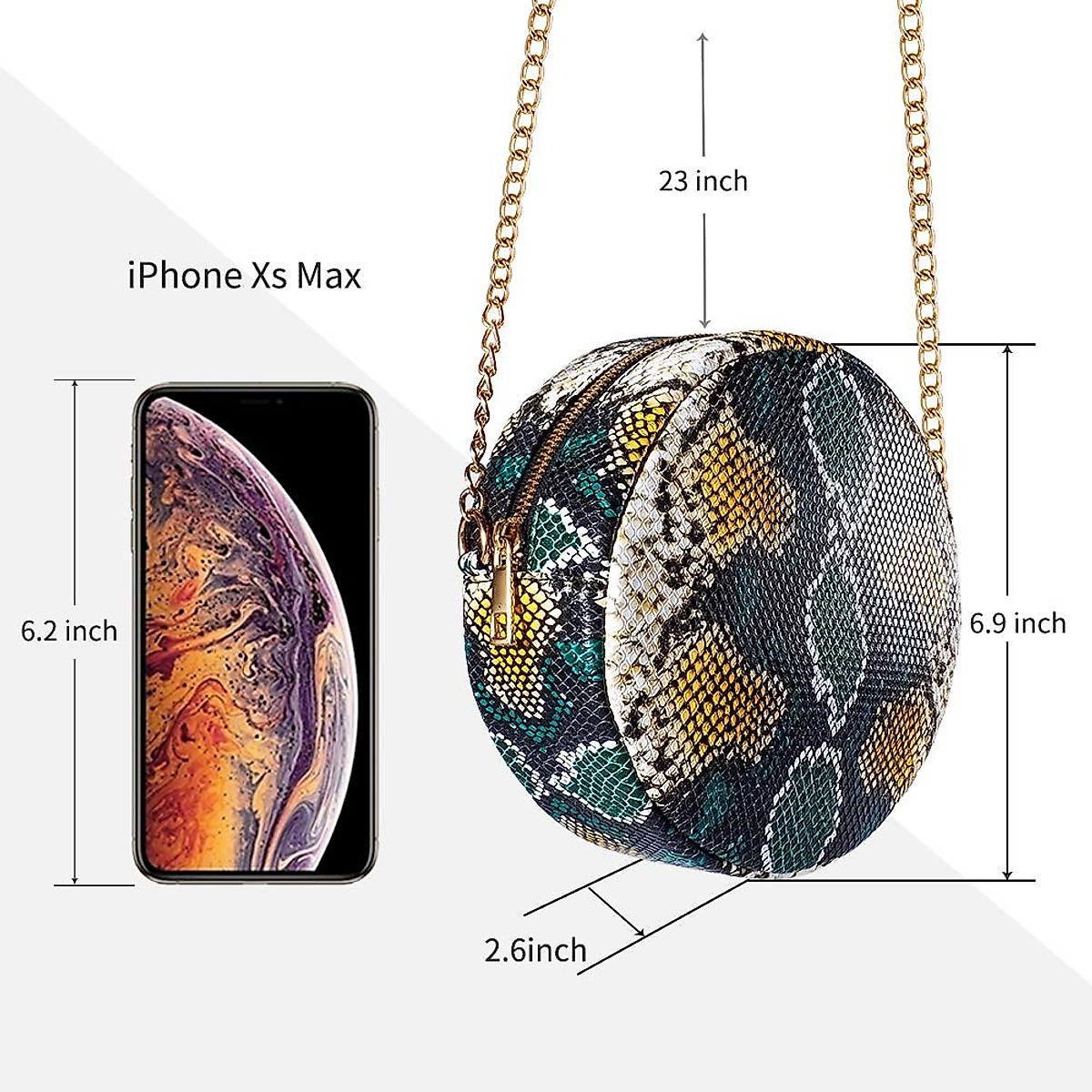 OLIVIABYKY Round Crossbody Bag Snakeskin Shoulder Bag with Chain Strap for Women,Fashion Circle Snakeskin Cellphone Purses Green Mini