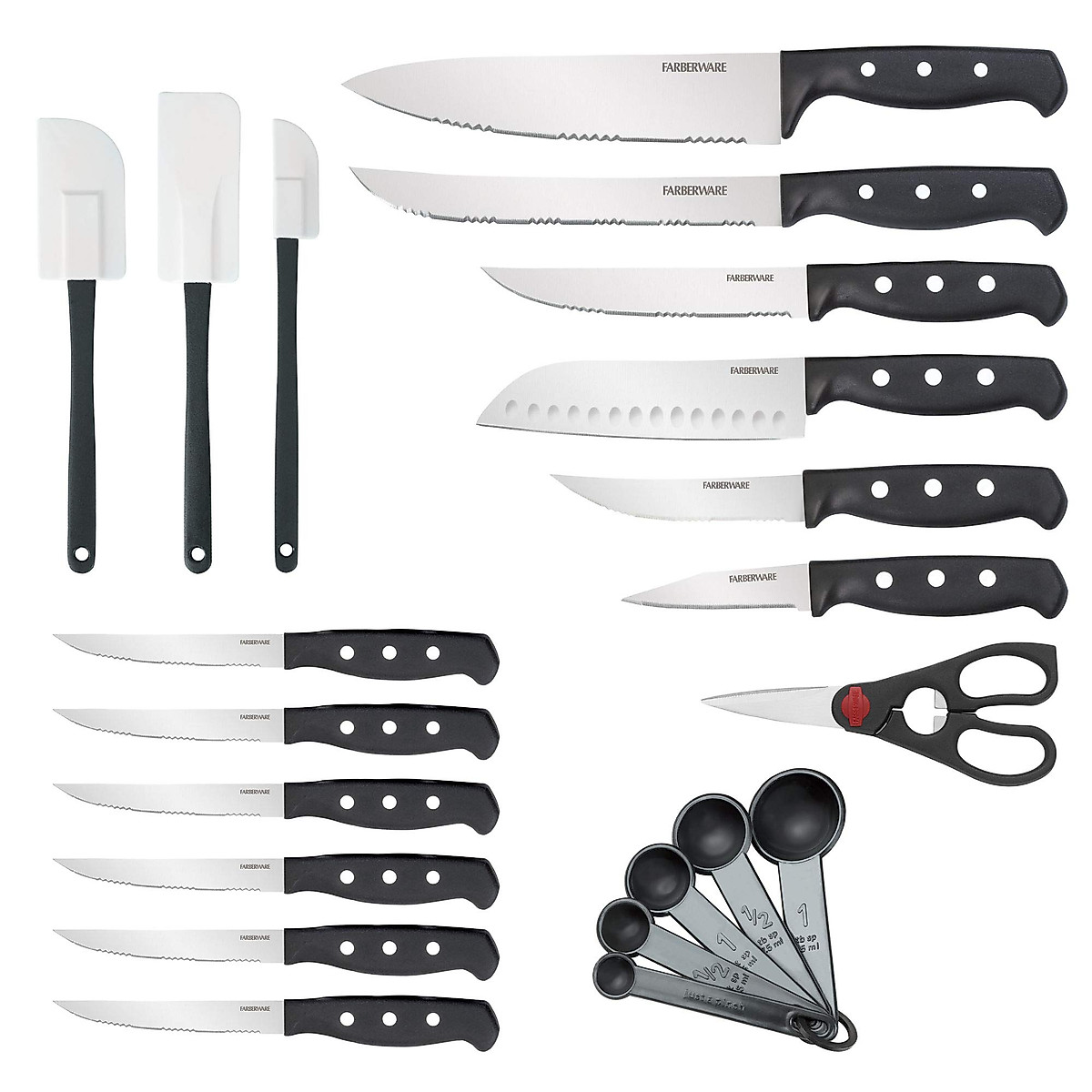 Farberware 22-Piece Never Needs Sharpening Triple Rivet High-Carbon Stainless Steel Knife Block and Kitchen Tool Set, Black & 78892-10 Farberware Plastic Cutting Board, 11-inch by 14-inch, White