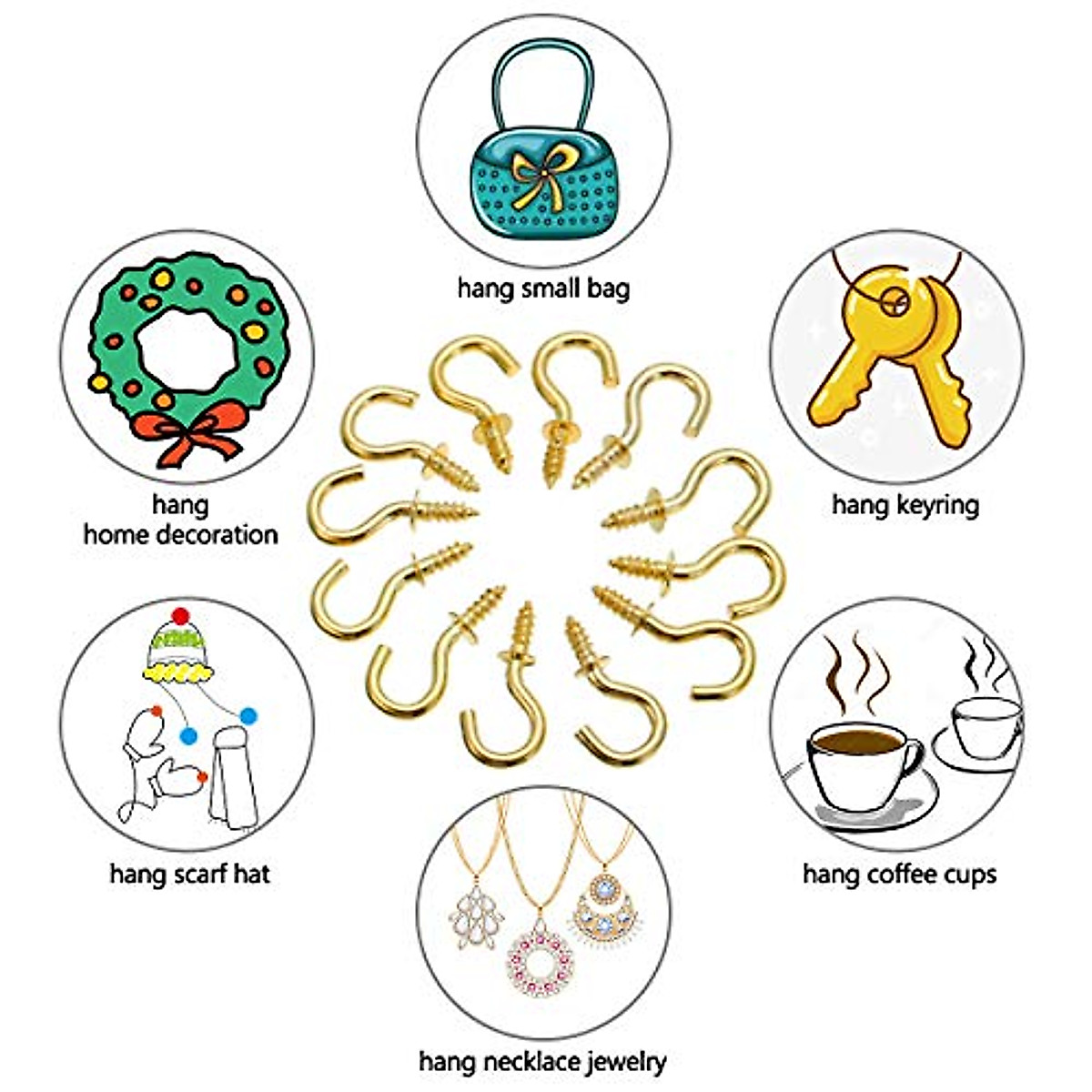 LANSEYQO Mini Ceiling Screw Hooks, 50 Pcs (1/2 inch) Hanging Cup Hooks Brass Plated Screw-in Hooks for Hanging Plants Mug Arts Decorations, Gold