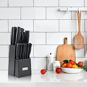 knife set black for Kitchen with Block, Kitchen Knife Sets 16 Piece Kitchen Knives for Chopping, Slicing, Dicing&Cutting,Dishwasher Safe,6 Steak Knives