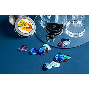 Guitar Picks - Cheliz 12 Medium Gauge Celluloid Guitar Picks In a Box W/Picks Holder. Unique Guitar Gift For Bass, Electric & Acoustic Guitars (Natural Image)