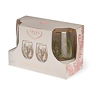 Twine Woodland Stemless Wine Glasses, Festive Gold Rim Tumblers, Decorative Barware, 16 Oz Set of 2