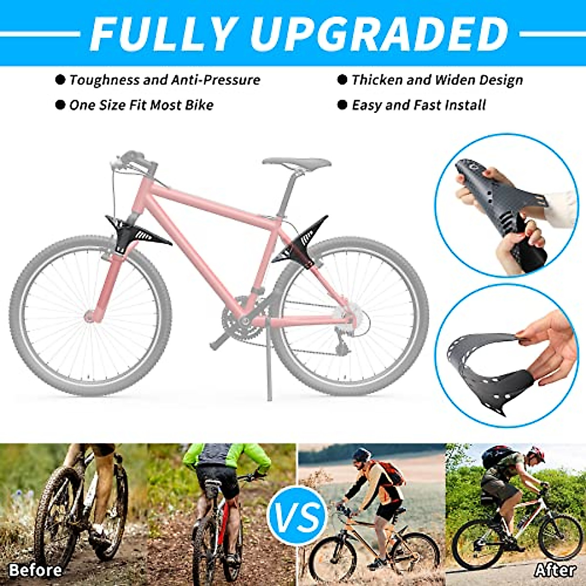 R2Depot Bike Fender with 12 Cable Ties, 2 Parts- Front/Rear Mud Guards Fit for 20"/22"/24"/26" Bike B-2-piece Set