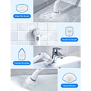 Homyeko Electric Spin Scrubber for Bathroom, Scrubber Cleaning Brush, Shower Scrubber with Long Handle, Power Scrubber Brush for Tub, Floor, Car Wheel, Tile Cleaning, 5 Replaceable Brush Heads