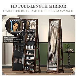 LVSOMT LED Full-Length Mirror Jewelry Armoire for Women, Free Standing Mirror with Jewelry Storage, 360° Swivel Jewelry Cabinet for Bedroom, Dressing room (Retro Brown)