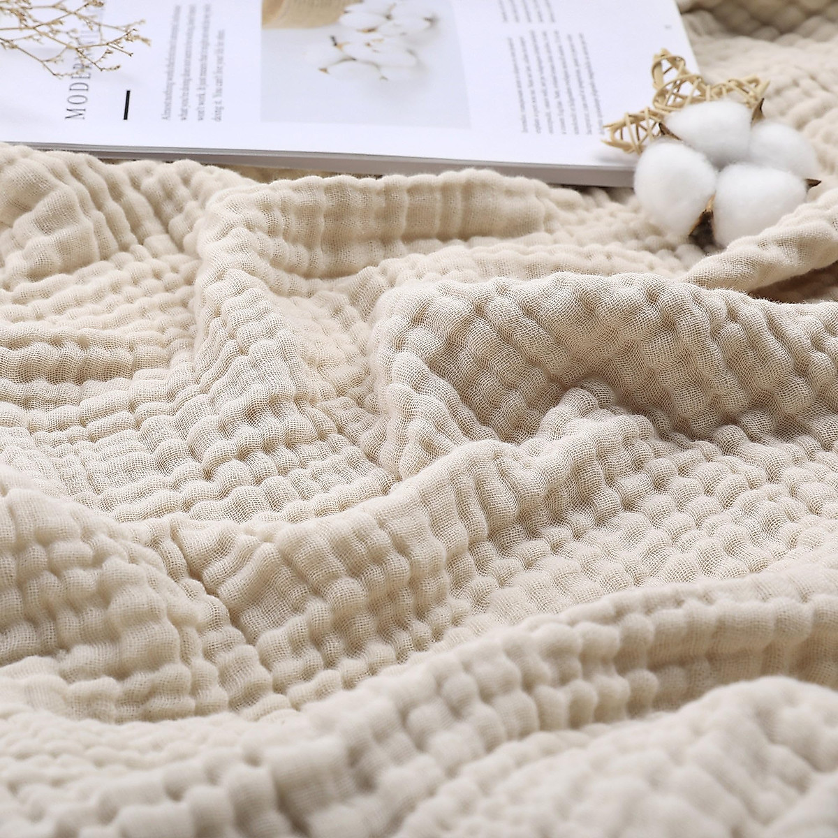 Yoofoss Muslin Blanket 100% Cotton Summer Blanket Large Twin Size 60" x 80" for Bed Couch 6-Layer Gauze Blanket for Adults Lightweight and Breathable Apricot White