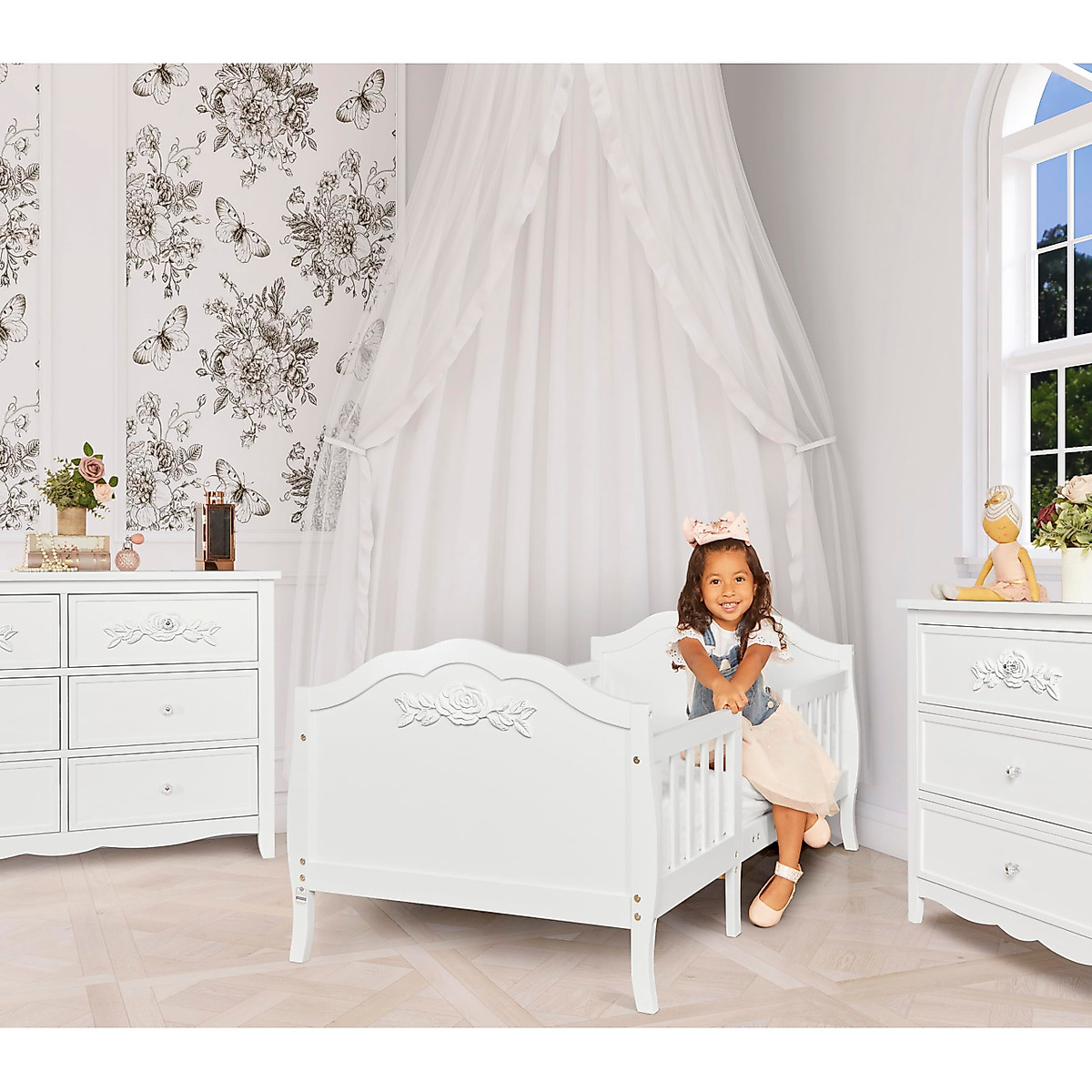 SweetPea Baby Rose 3-in-1 Convertible Toddler Bed in White, Greenguard Gold Certified, JPMA Certified, Safety Rails, Made of Sustainable New Zealand Pinewood