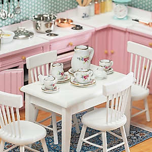 SAMCAMI Miniature Dollhouse Furniture 1 12 Scale - Doll House Furniture Toys for Dollhouse Kitchen - Wooden Dollhouse Furniture Set Incl Dining Table with Chairs, Tea Set, Carpet (White)