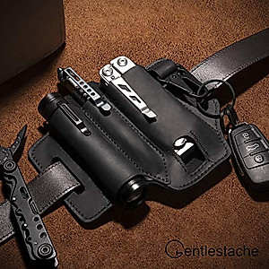 Gentlestache Multitool Sheath for Belt, Leather EDC Pocket Organizer for Men, Leatherman Sheath with Pen Holder, Key Fob, Flashlight Sheath, EDC Leather Pouch Black